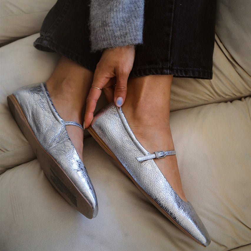 Reyes Ballet Flats Silver Distressed Leather | Silver Ballet Flats ...