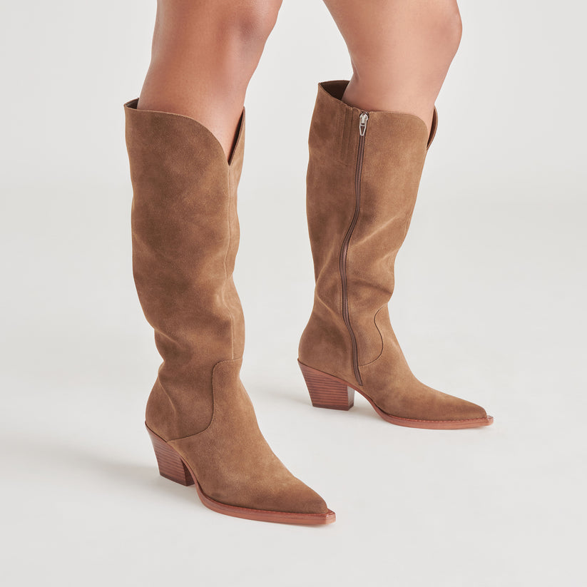 RAJ Wide Calf Boots Brown Suede | Women's Brown Suede Knee-High Boots ...