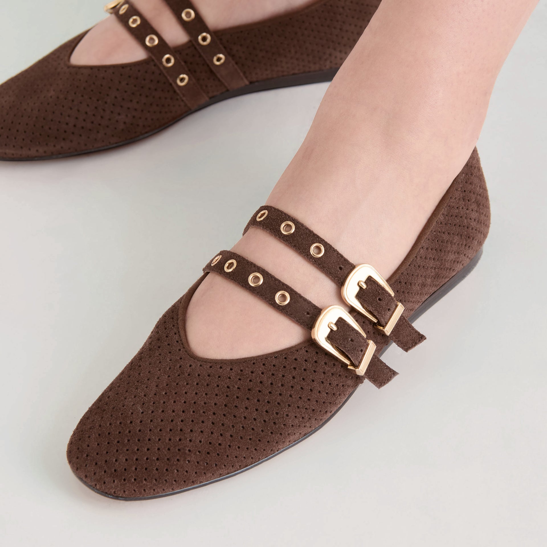 Baylee Grommet Dk Brown Perforated Suede Ballet Flats | Dolce Vita